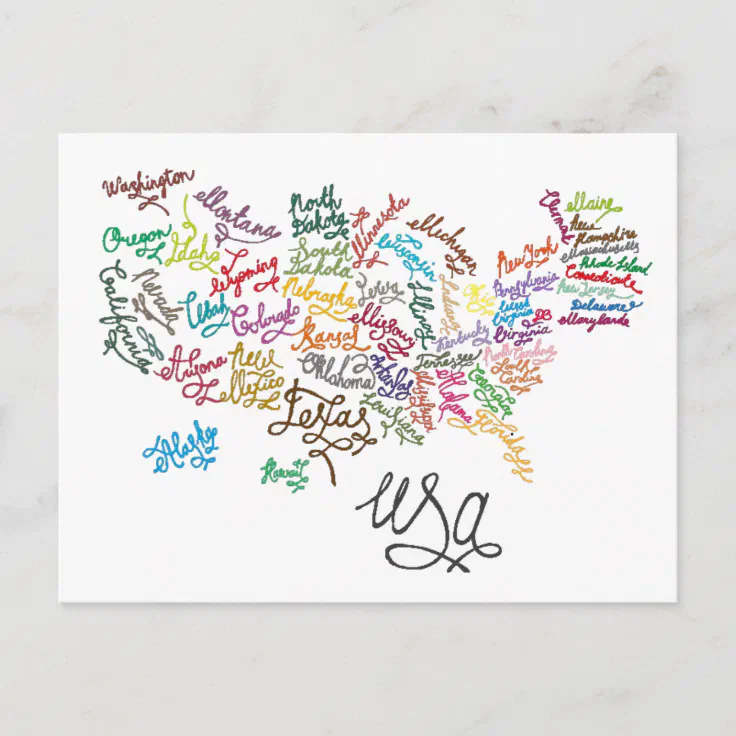 United States of America Script Text Map Postcard | Zazzle