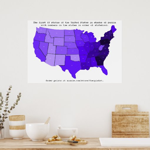 United States Order of Statehood Map with Numbers Poster | Zazzle