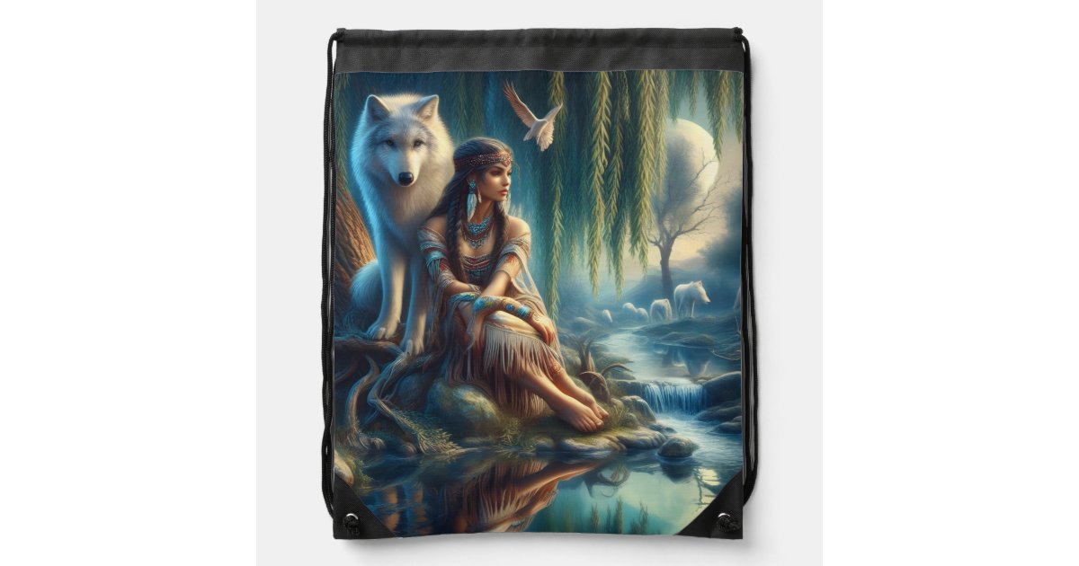 Unity of a Native Indian and her wolf Drawstring Bag | Zazzle