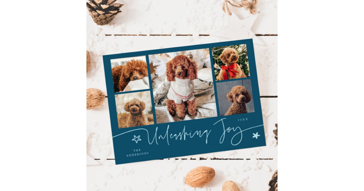 Unleashing Joy Teal Dog Multi Photo Holiday Card | Zazzle