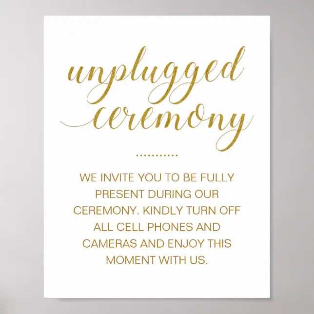 Unplugged Ceremony Elegant Gold Script Wedding Poster | Zazzle