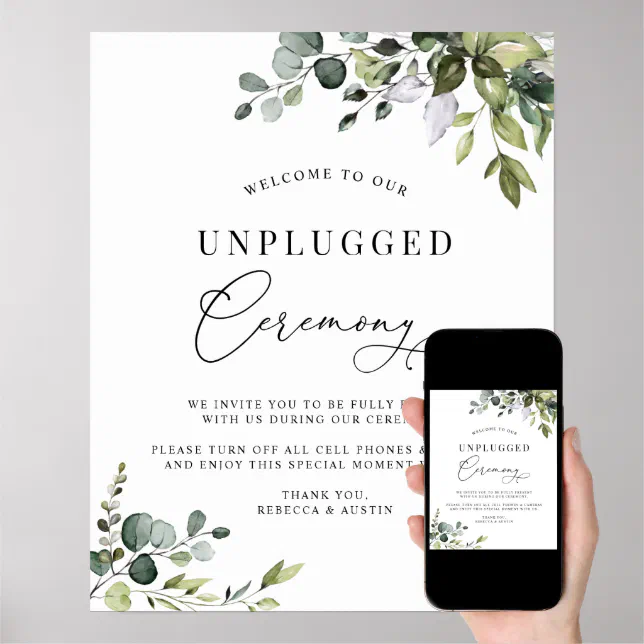 Unplugged Ceremony Eucalyptus Greenery Wedding Poster | Zazzle