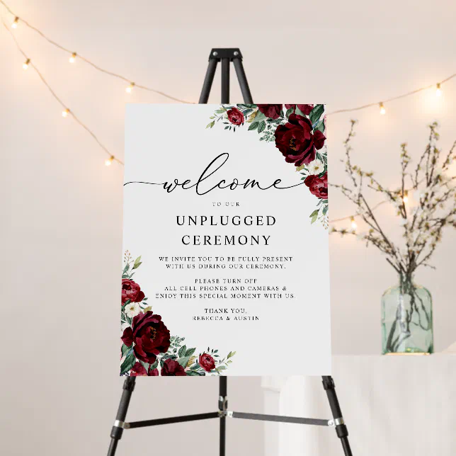 Unplugged Ceremony Rustic Red Floral Wedding Sign | Zazzle