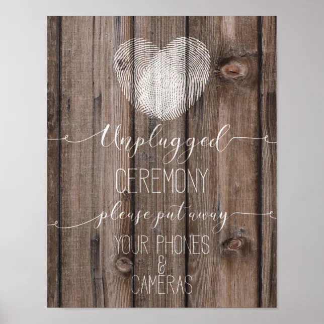 unplugged ceremony rustic wood wedding sign Print | Zazzle