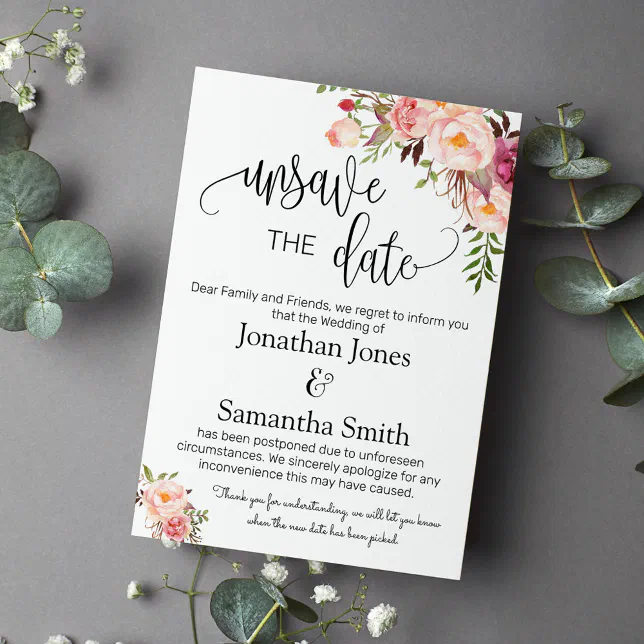 Unsave the dates wedding date change pink floral i invitation | Zazzle