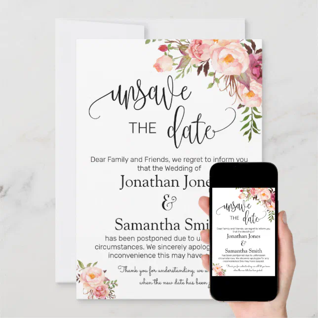 Unsave the dates wedding date change pink floral i invitation | Zazzle