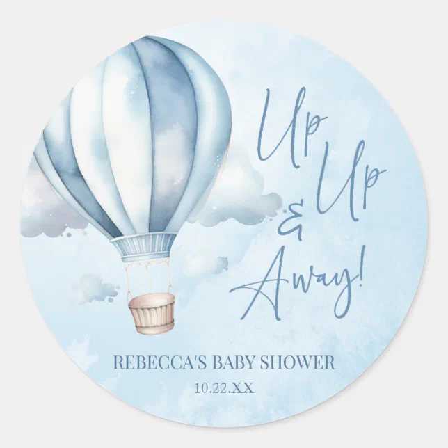 Up Up and Away! Blue Hot Air Balloon Baby Shower Classic Round Sticker ...
