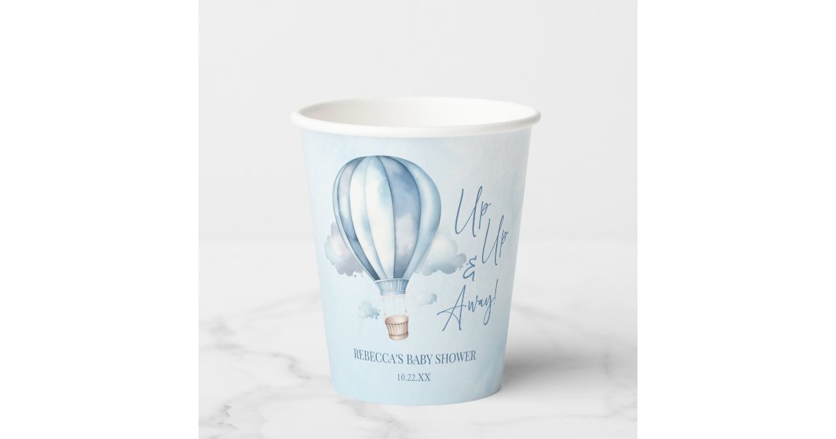 Up Up and Away! Blue Hot Air Balloon Baby Shower Paper Cups | Zazzle