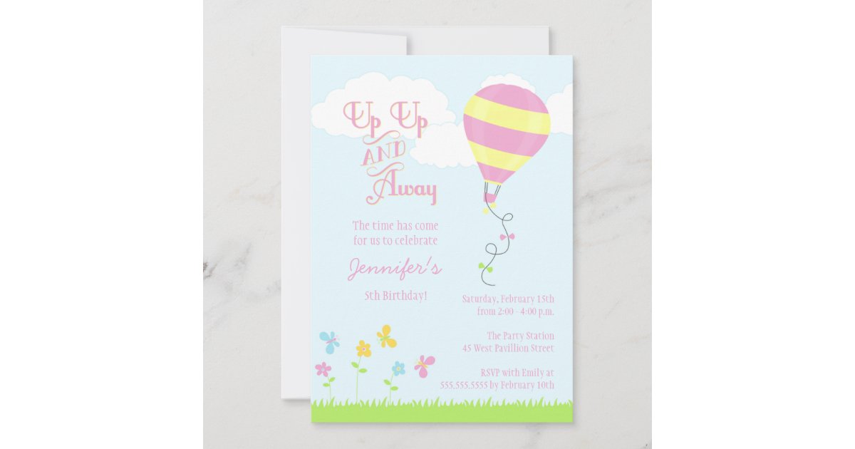 Up up and away hot air balloon girl birthday party invitation | Zazzle