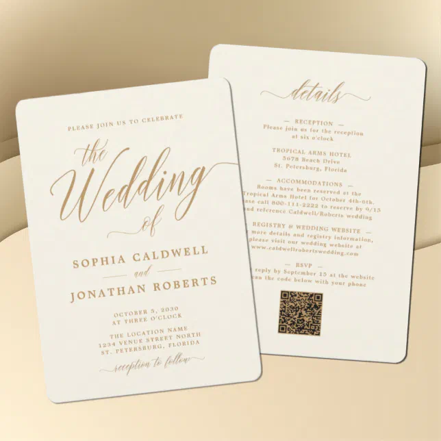 Updated All in One Gold Calligraphy Cream Wedding Invitation | Zazzle