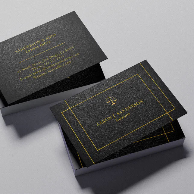 Upscale faux black lather gold script lawyer business card | Zazzle