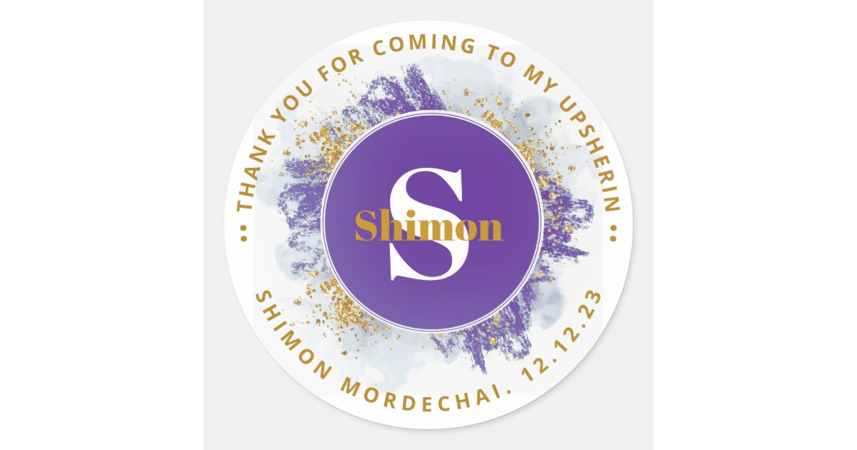 Upsherin Thank You Initial PUR Watercolor Glitter Classic Round Sticker ...