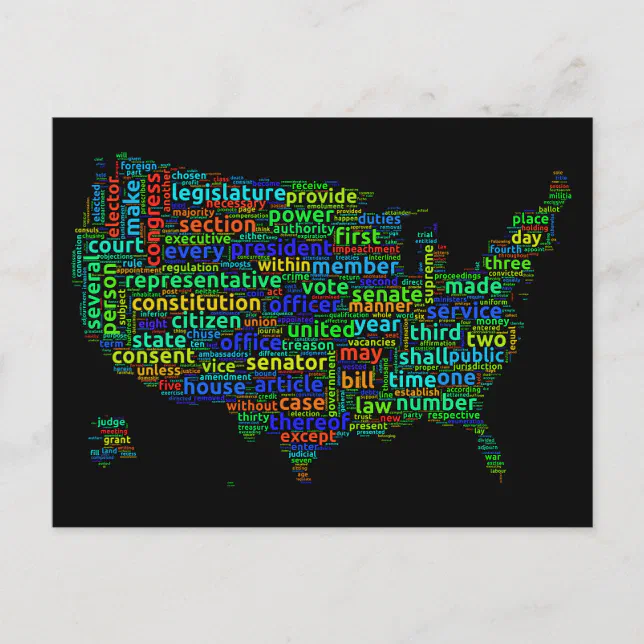 US Constitution Word Cloud Map on Black Background Postcard | Zazzle
