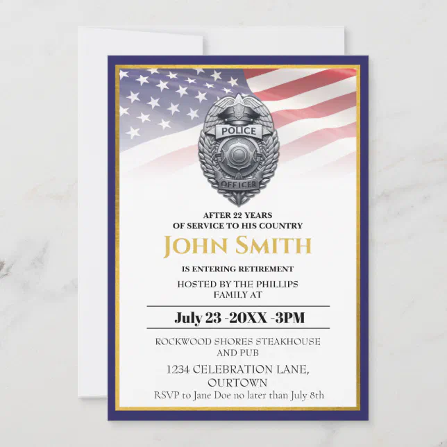 US Flag/Golden Police Officer Retirement Party Invitation | Zazzle