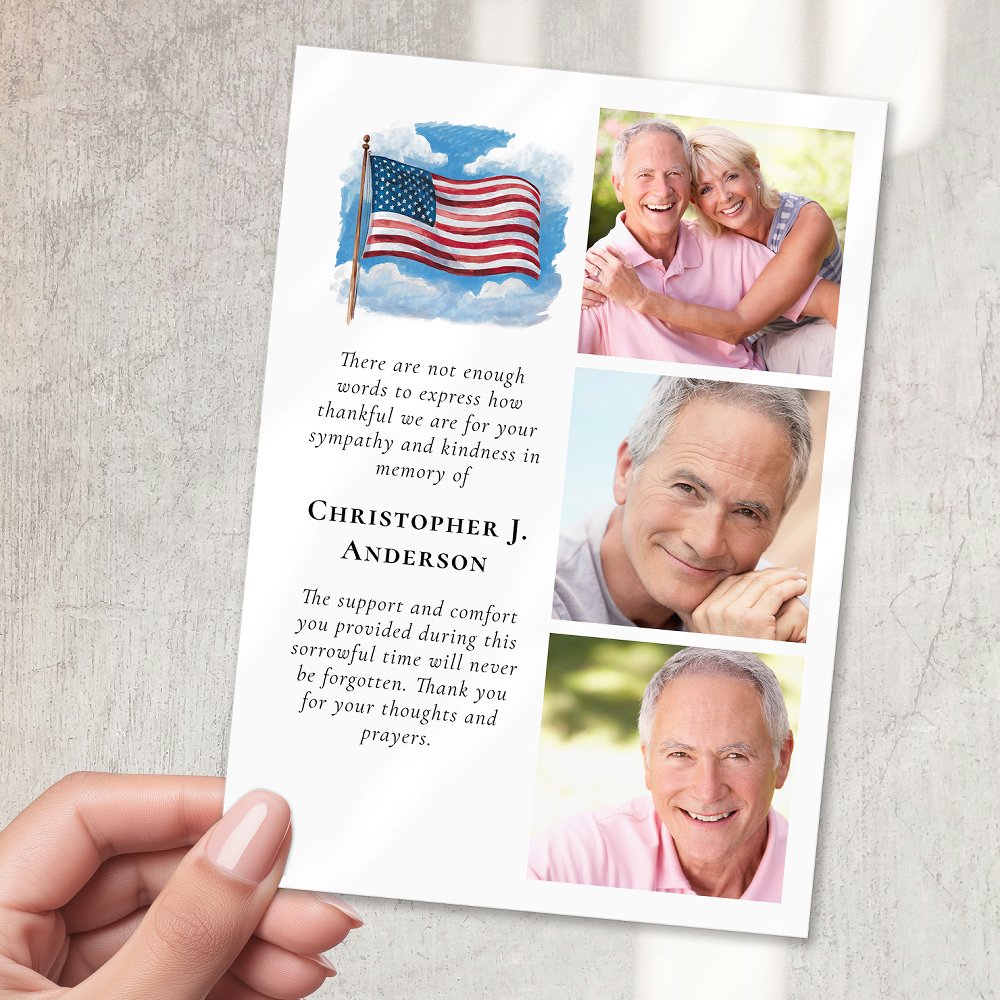 US Flag Military 3 Photo Sympathy Funeral Thank You Card - Snuggle ...