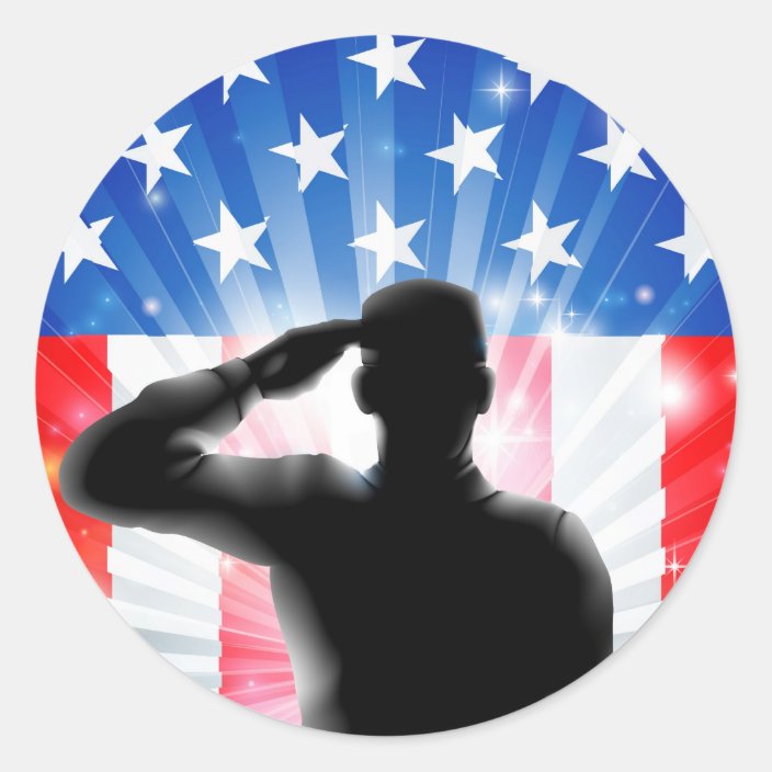 US flag military soldier saluting in silhouette Classic Round Sticker ...