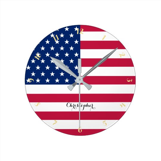 USA America Flag Patriotic Home Office Decor Name Round Clock | Zazzle.com