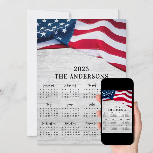 USA American Flag Patriotic Wood 12 Month Calendar Holiday Card | Zazzle