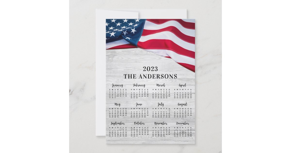 USA American Flag Patriotic Wood 12 Month Calendar Holiday Card | Zazzle