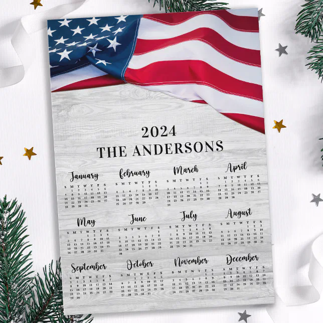 USA American Flag Patriotic Wood 12 Month Calendar Holiday Card | Zazzle