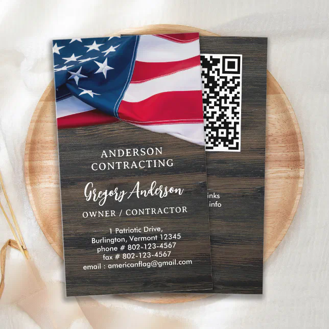 USA American Flag QR Code Rustic Wood Patriotic Business Card | Zazzle