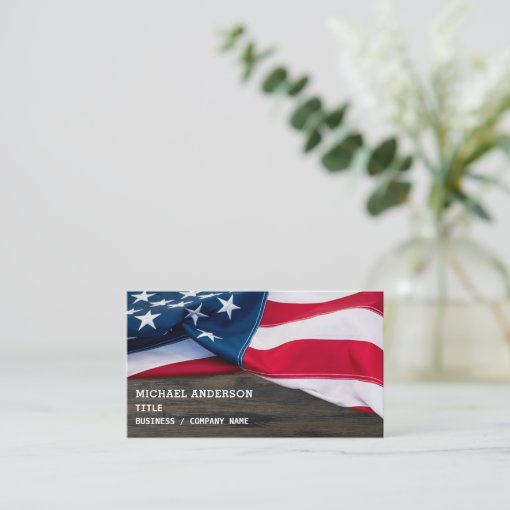 USA American Flag Your Logo Rustic Wood Patriotic Business Card | Zazzle