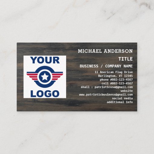 USA American Flag Your Logo Rustic Wood Patriotic Business Card | Zazzle