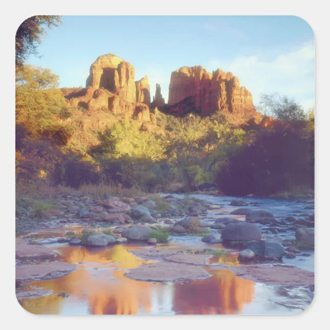 USA, Arizona, Sedona. Cathedral Rock reflecting Square Sticker | Zazzle