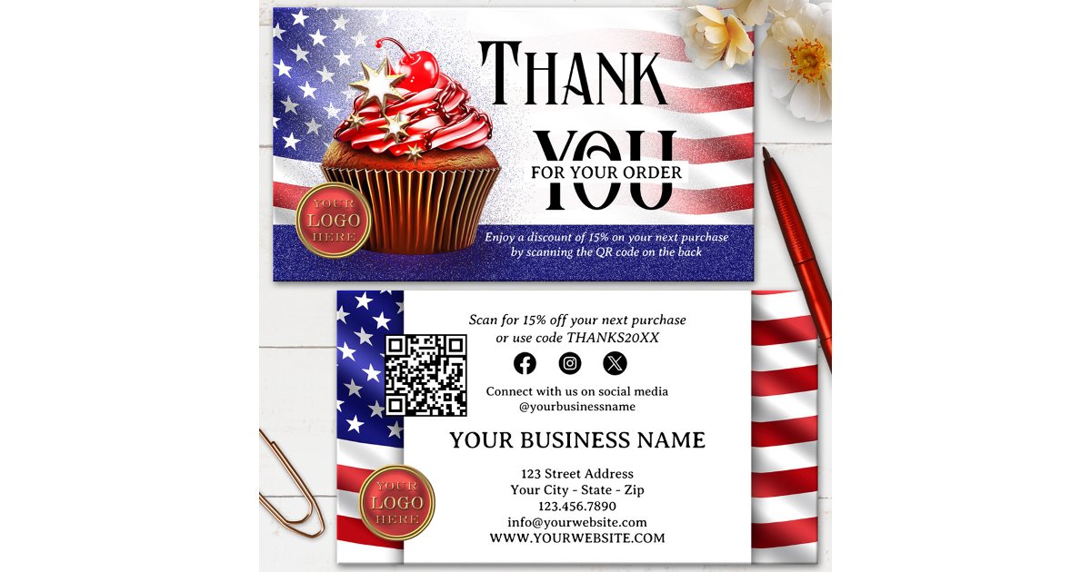 USA Flag Cupcake QR Code Thank You For Your Order Business Card | Zazzle