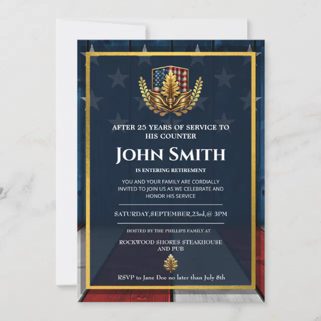 USA Flag Gold Oak Military Retirement Invitation | Zazzle