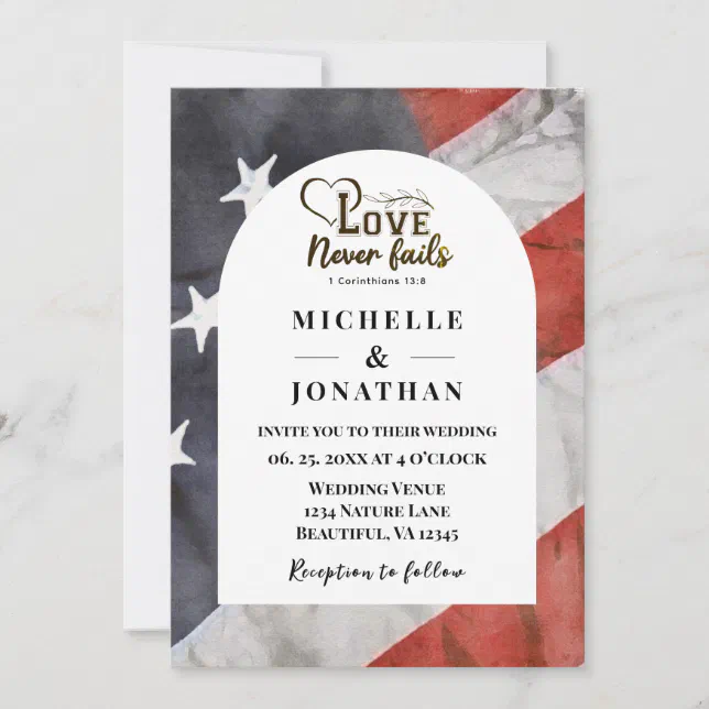 USA Flag Love Never Fails Bible Patriotic Wedding Invitation | Zazzle