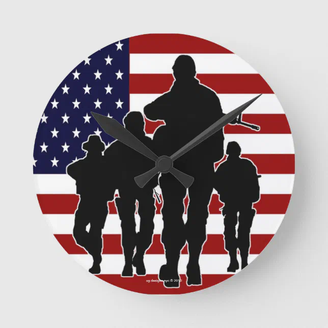 USA Flag Marching Soldiers Silhouette Wall Clock | Zazzle