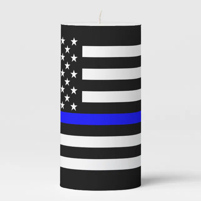 USA Flag Thin Blue Line Symbolic Memorial on a Pillar Candle | Zazzle