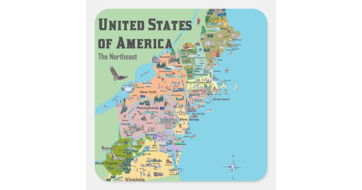 USA Northeast States Map Square Sticker | Zazzle