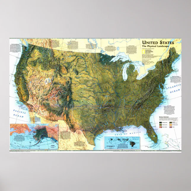 " USA: Physical Landscape map ... Poster | Zazzle
