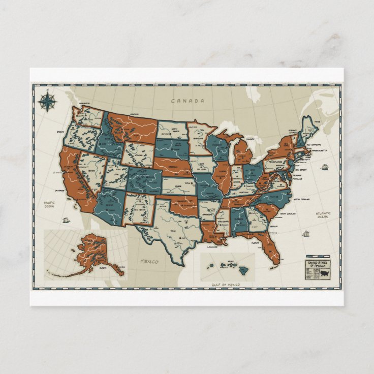 USA - Vintage Map Postcard | Zazzle