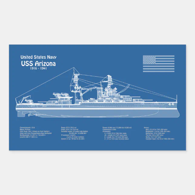 USS Arizona - Ship Blueprint Plans ABD Rectangular Sticker | Zazzle
