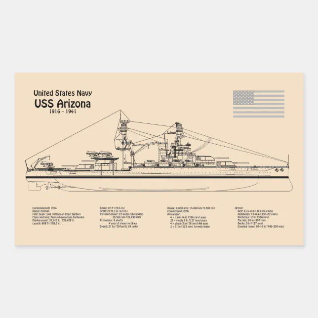 USS Arizona - Ship Blueprint Plans SD Rectangular Sticker | Zazzle