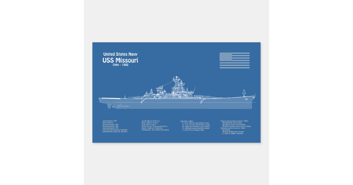 USS Missouri - Ship Blueprint Plans ABD Rectangular Sticker | Zazzle