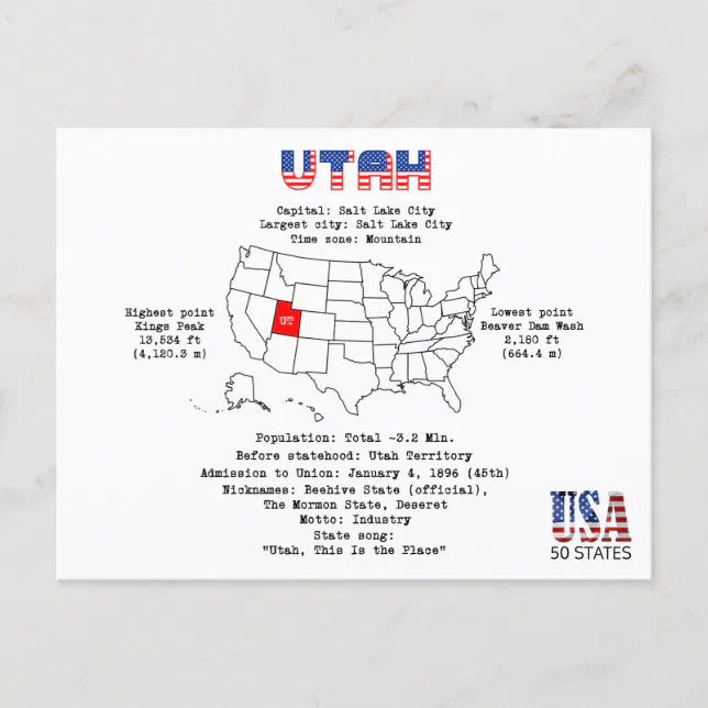 Utah American state on a map and useful info Holiday Postcard | Zazzle