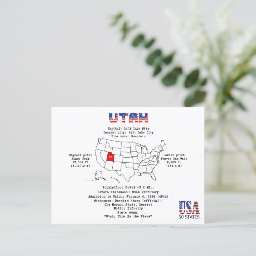 Utah American state on a map and useful info Holiday Postcard | Zazzle