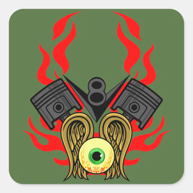 V8 Piston Heads Flying Eye Square Sticker | Zazzle