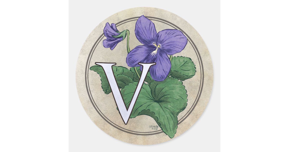 V for Violets Flower Monogram Classic Round Sticker | Zazzle