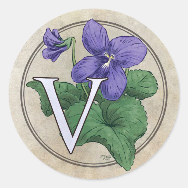 V for Violets Flower Monogram Classic Round Sticker | Zazzle