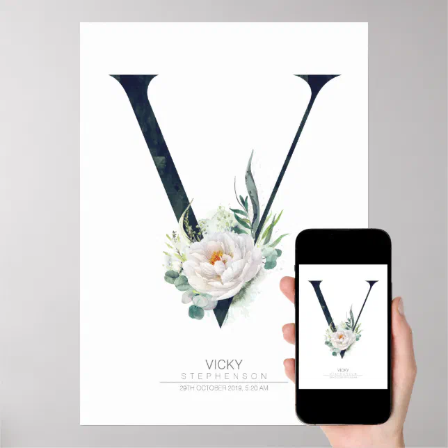 V Letter Monogram White Flowers and Greenery Poster | Zazzle