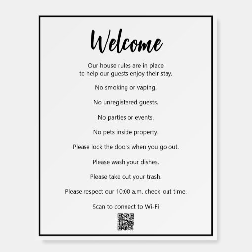 Vacation House Rules Black White & Wi-Fi QR Code Foam Board | Zazzle