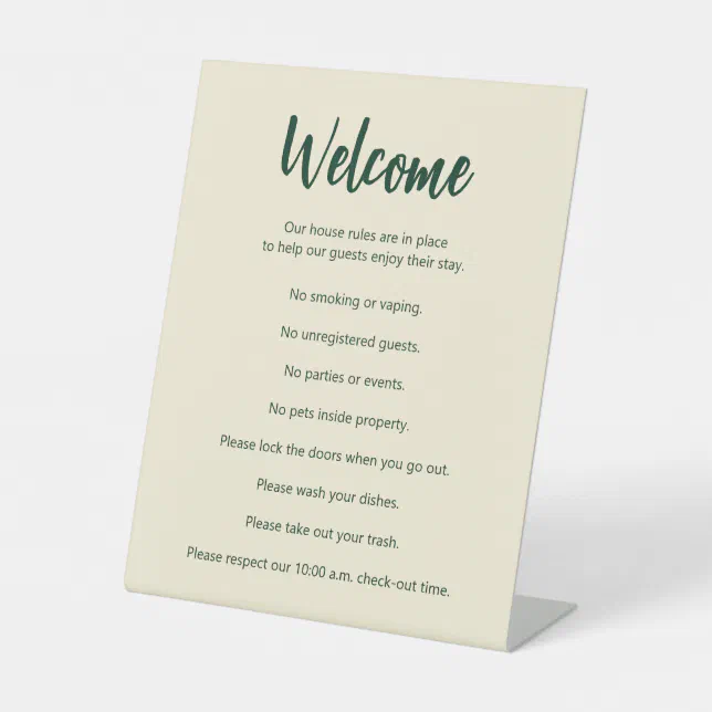 Vacation House Rules Dark Green and White Template Pedestal Sign | Zazzle