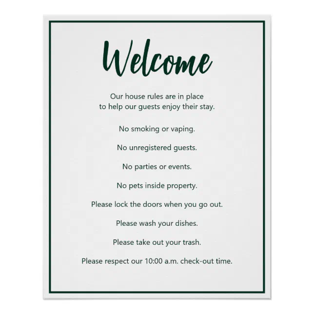 Vacation House Rules Dark Green and White Template Poster | Zazzle