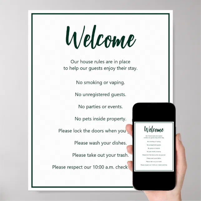 Vacation House Rules Dark Green and White Template Poster | Zazzle