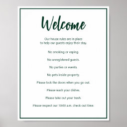 Vacation House Rules Dark Green and White Template Poster | Zazzle